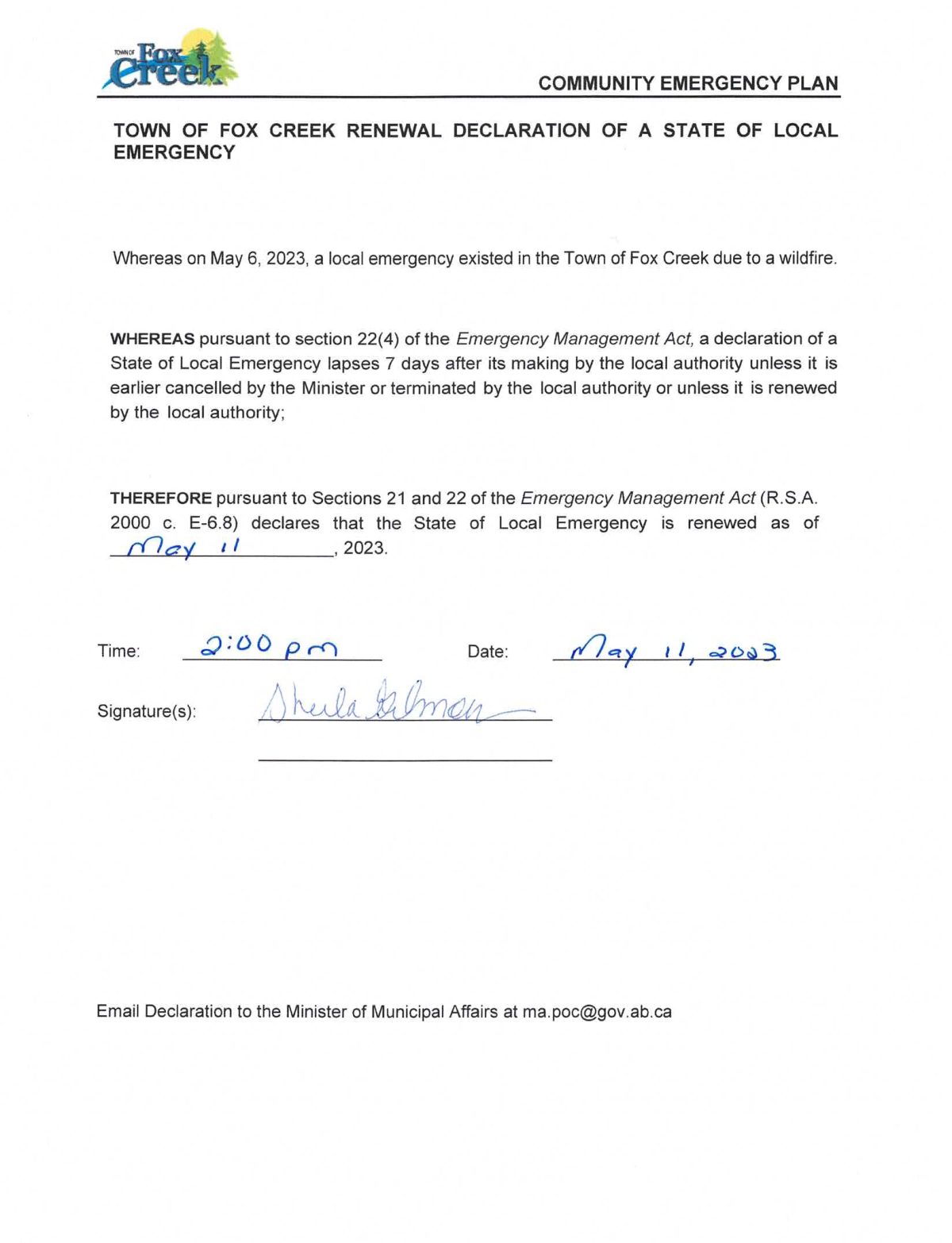 Fox Creek State of Emergency and Renewals. - Town of Fox Creek